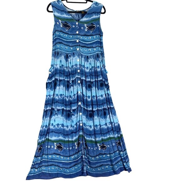 Bila | Dresses | Bila Boho Dress Long Sz S Blue Button Flare Coastal ...